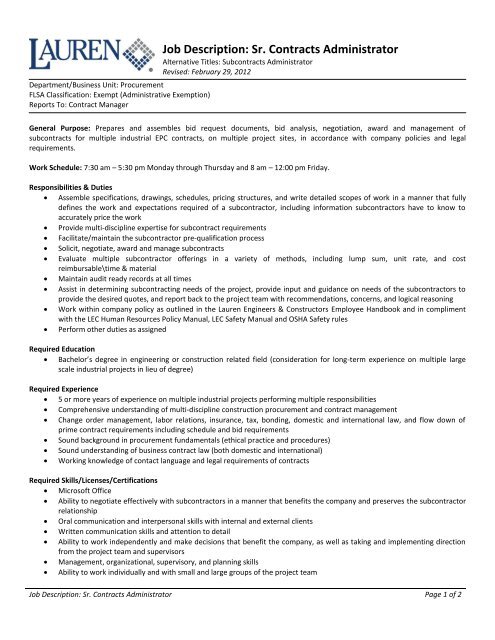 Job Description: Sr. Contracts Administrator - Lauren Engineers ...