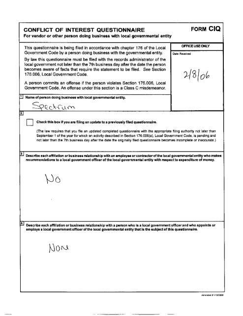 CONFLICT OF INTEREST QUESTIONNAIRE FORM CIQ