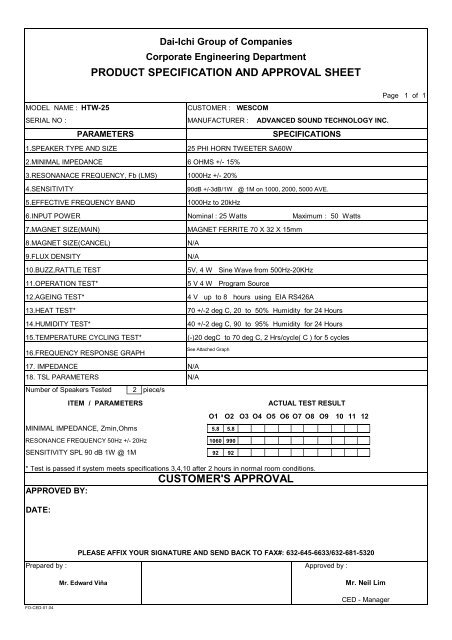 customer's approval product specification and approval sheet - WES ...