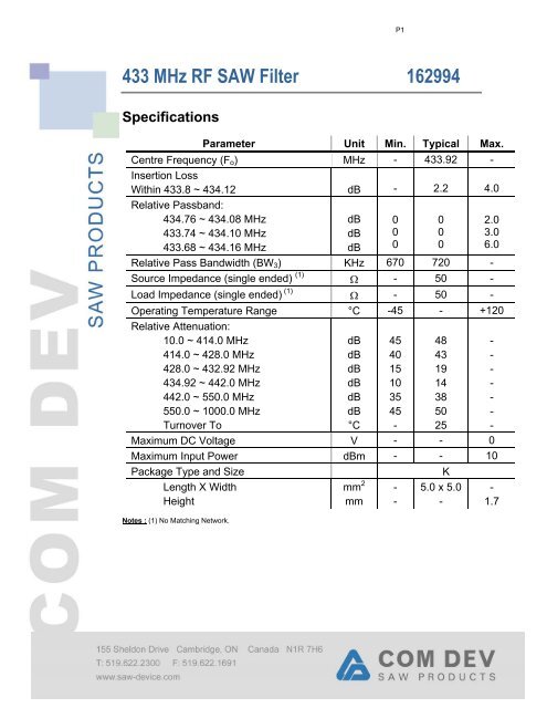 433 MHz RF SAW Filter 162994 Specifications