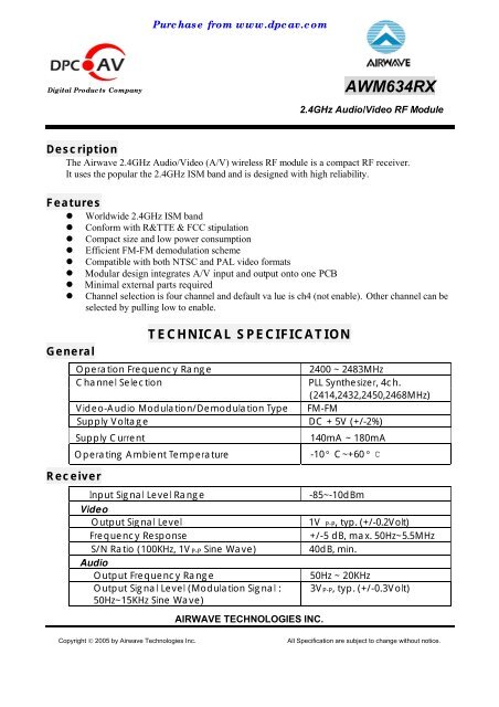 Airwave AWM634RX RF A/V Receiver Module - F1CHF