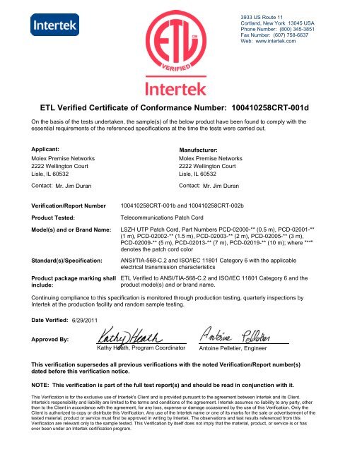 ETL Verified Certificate of Conformance Number - Molex Premise ...