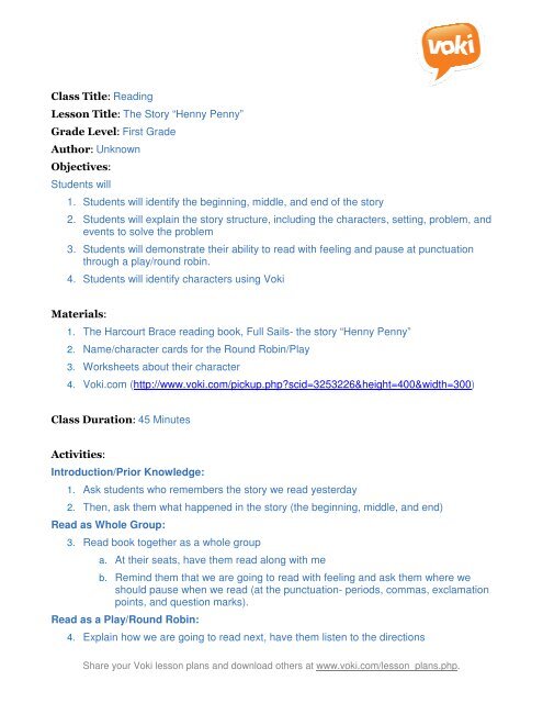 Class Title: Reading Lesson Title: The Story “Henny Penny” - Oddcast