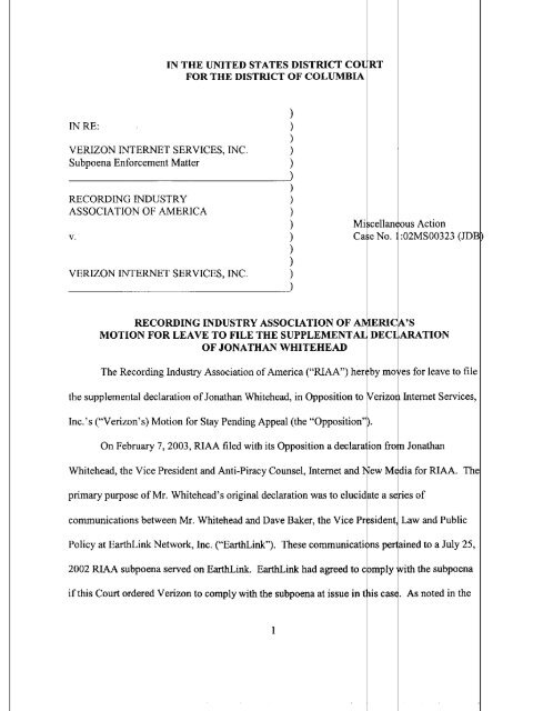 RIAA's Motion For Leave To File The Supplemental Declaration Of ...