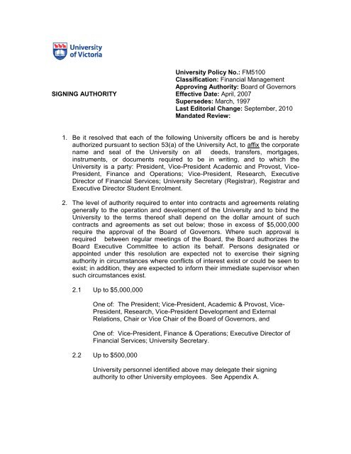 Signing Authority Policy (FM5100) - University of Victoria