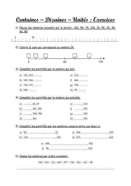 Centaines â Dizaines â UnitÃ©s : Exercices - Enseignons.be