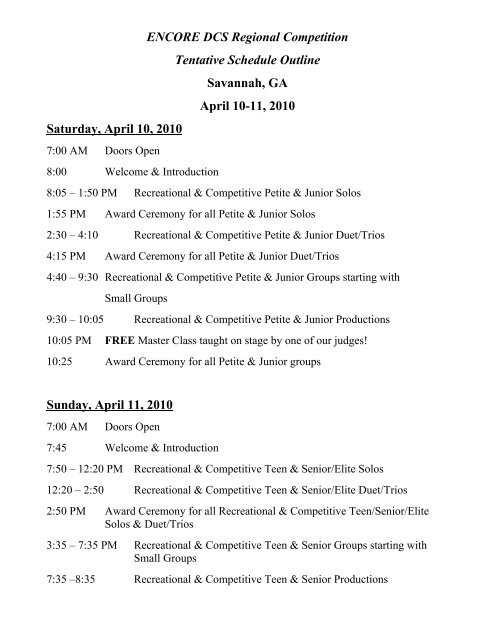 ENCORE DCS Regional Competition Tentative Schedule Outline ...