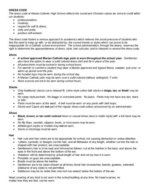 DRESS CODE The dress code at Marian Catholic High School ...