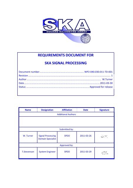 REQUIREMENTS DOCUMENT FOR SKA SIGNAL PROCESSING