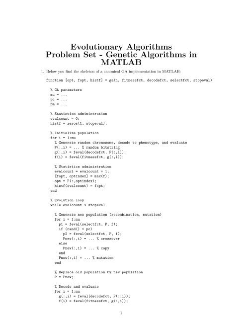 Evolutionary Algorithms Problem Set Genetic Algorithms In Matlab