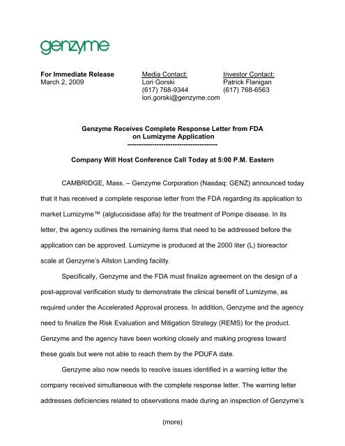 Genzyme Receives Complete Response Letter from FDA on ...