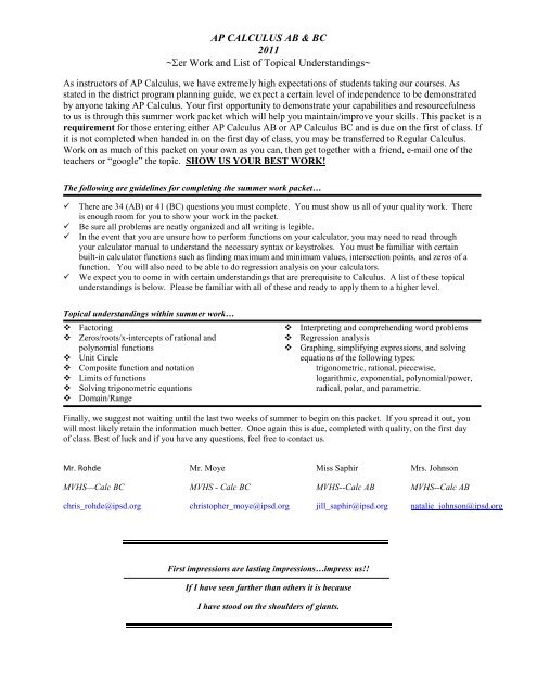 AP CALCULUS SUMMER PACKET AP CALCULUS SUMMER PACKET
