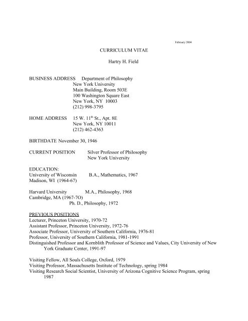 CURRICULUM VITAE Hartry H. Field BUSINESS ADDRESS ...