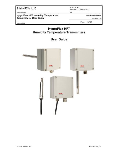 HygroFlex HF7 Humidity Temperature Transmitters v.1 Instruction ...