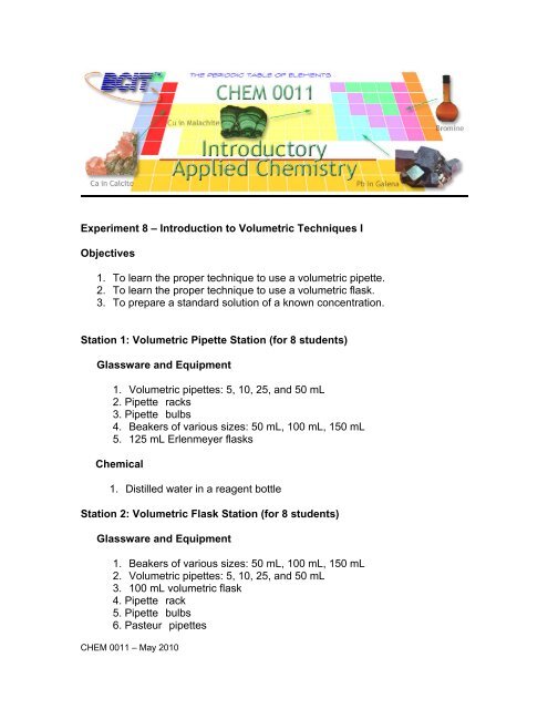 Experiment 8 – Introduction to Volumetric Techniques I Objectives 1 ...
