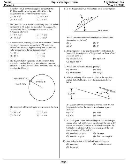 Physics Sample Exam Any School USA Period 4 May 15 ... - Eduware