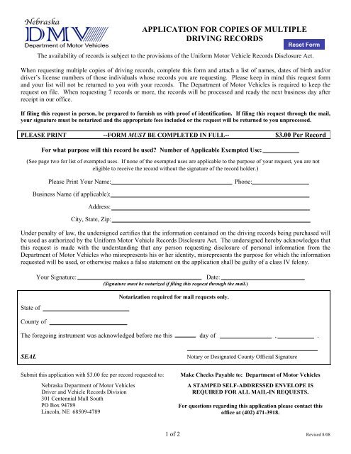 Application for Copies of MULTIPLE Driving Record - Nebraska ...