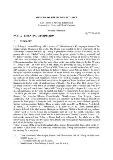 MEMORY OF THE WORLD REGISTER Leo Tolstoy's ... - Unesco