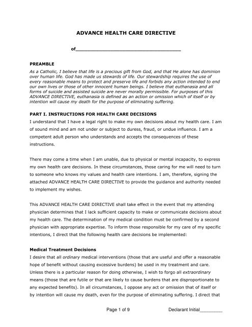 Catholic Advance Health Care Directive