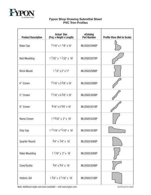 Fypon Shop Drawing Submittal Sheet PVC Trim Profiles Product ...