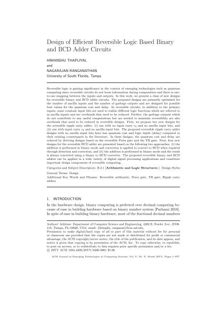 Design Of Efficient Reversible Logic Based Binary And Bcd Adder