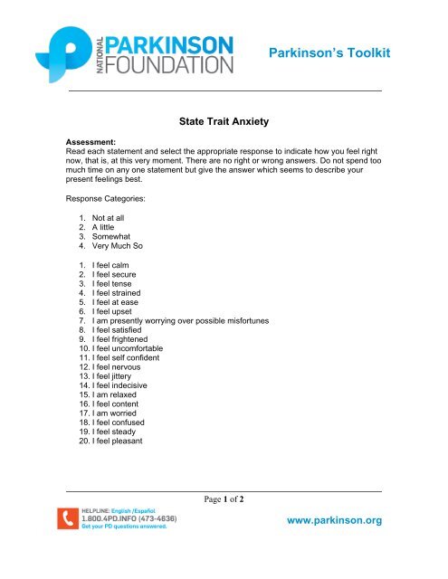 State-Trait Anxiety Scale - Parkinson's Toolkit