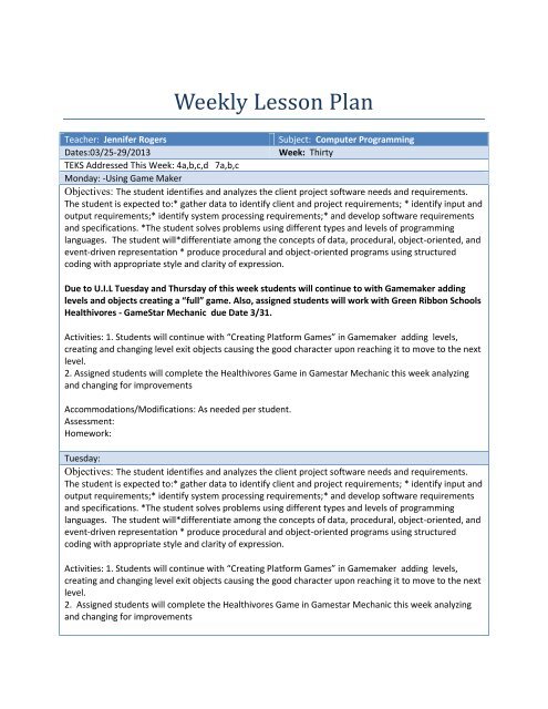Weekly Lesson Plan