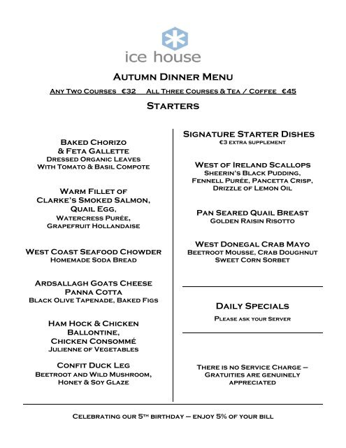 Autumn Dinner Menu Starters - Ice House