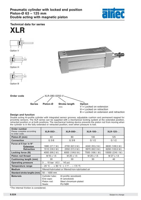 Pneumatic cylinder with locked end position Piston-Ã 63 â 125 mm ...
