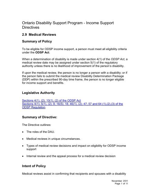 Ontario Disability Support Program - Income Support Directives