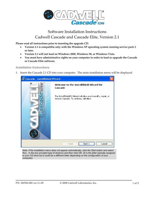 Software Installation Instructions Cadwell Cascade and Cascade ...