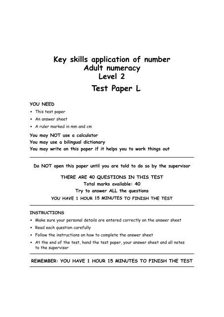 Key skills application of number Adult numeracy Level 2 ... - Move On