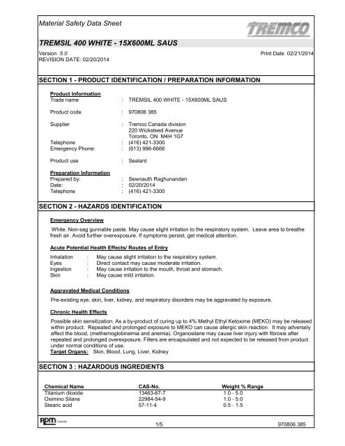 Tremsil 400 White MSDS - Tremco Sealants