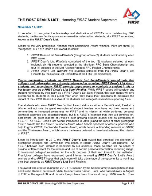 THE FIRST DEAN'S LIST: Honoring FIRST Student Superstars