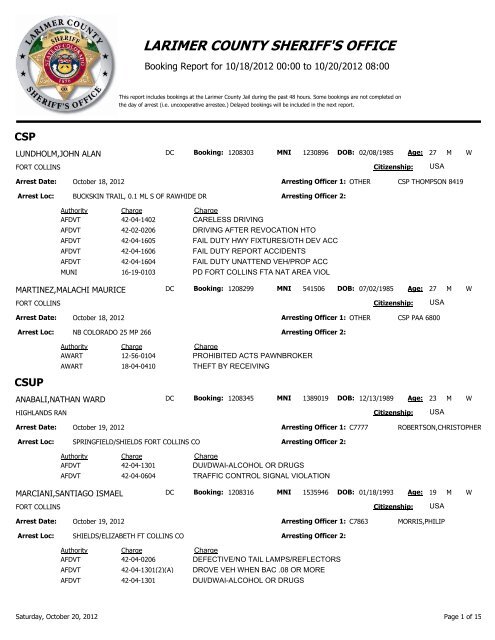 Booking Report - Larimer County Sheriff's Office