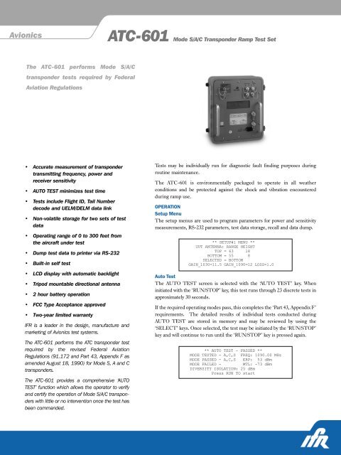 Aeroflex ATC-601-2 Specifications - AvionTEq
