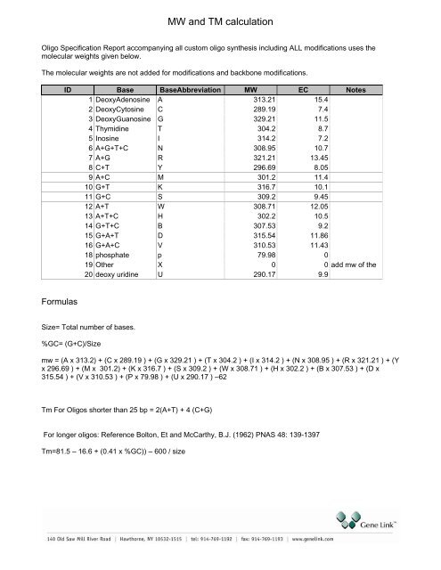 MW and TM calculation - Gene Link, Inc.