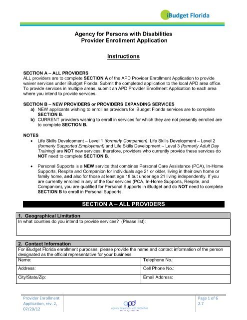 APD Provider Enrollment application