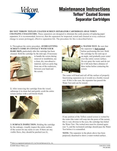 Teflon Coated Screen Separator Elements - Velcon Filters