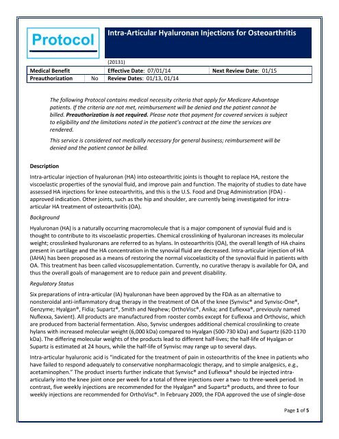 Intra-articular Hyaluronan Injections for Osteoarthritis