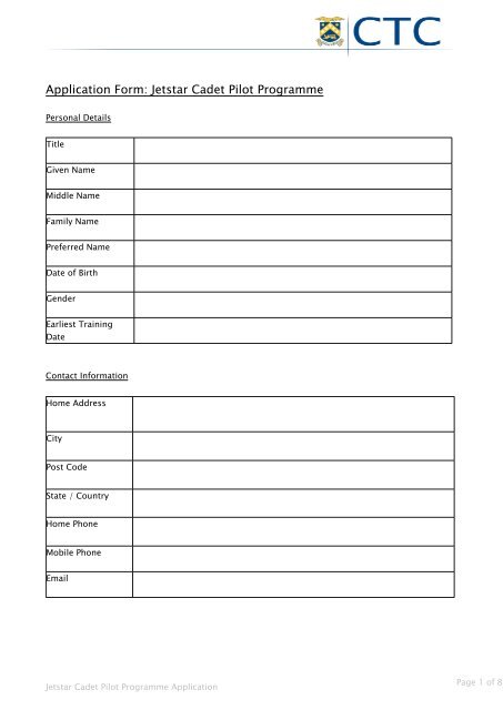 Jetstar Ab-Initio Cadet Pilot Programme Application Form - CTC Wings