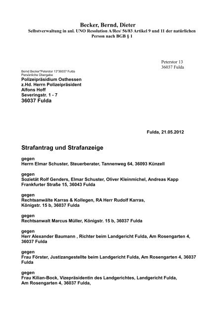 Becker, Bernd, Dieter Strafantrag und Strafanzeige