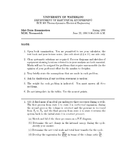 UNIVERSITY OF WATERLOO Mid-Term Examination M.M.