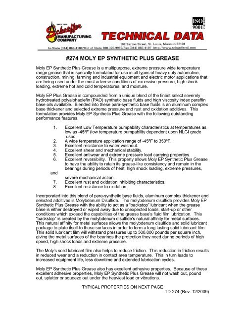 #274 MOLY EP SYNTHETIC PLUS GREASE - Schaeffer Oil