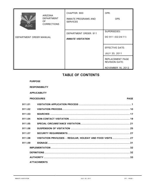 DO 911 - Inmate Visitation - Arizona Department of Corrections