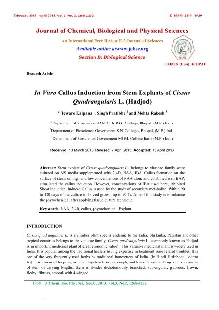 In Vitro Callus Induction from Stem Explants of Cissus ...