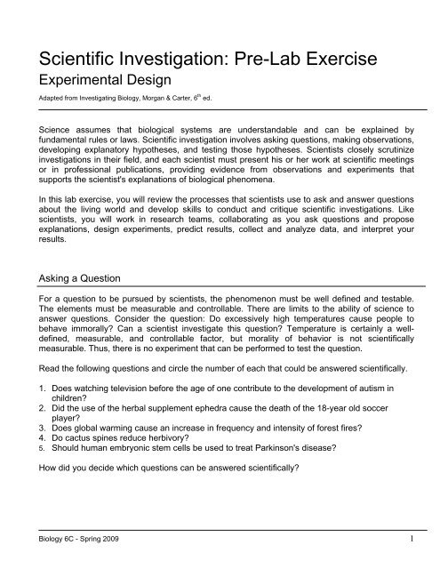 Scientific Investigation: Pre-Lab Exercise - De Anza College Scientific Investigation: Pre-Lab Exercise - De Anza College
