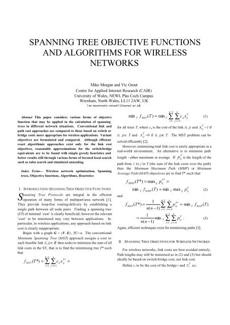 spanning tree objective functions and algorithms for wireless networks
