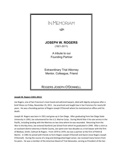 IN MEMORIAM JOSEPH W. ROGERS - Rogers Joseph O'Donnell