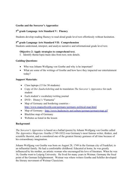 Goethe and the Sorcerer's Apprentice 5 grade Language Arts ...